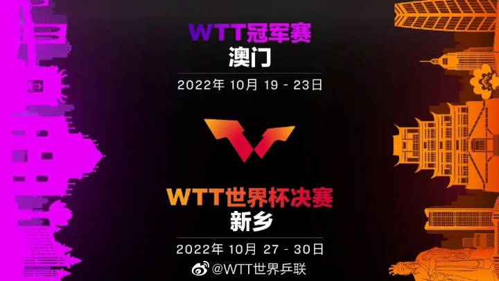 世界乒联官宣：WTT冠军赛中国澳门站＋新乡WTT世界杯决赛于中国举办